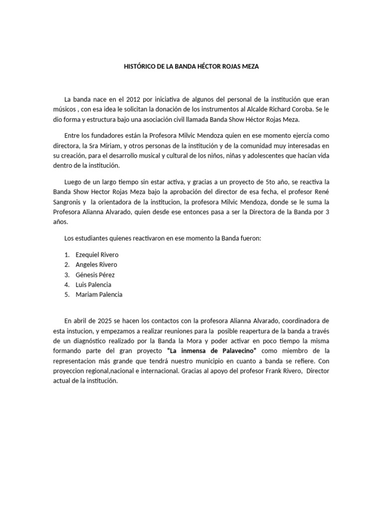 Histórico de La Banda Héctor Rojas Meza | PDF