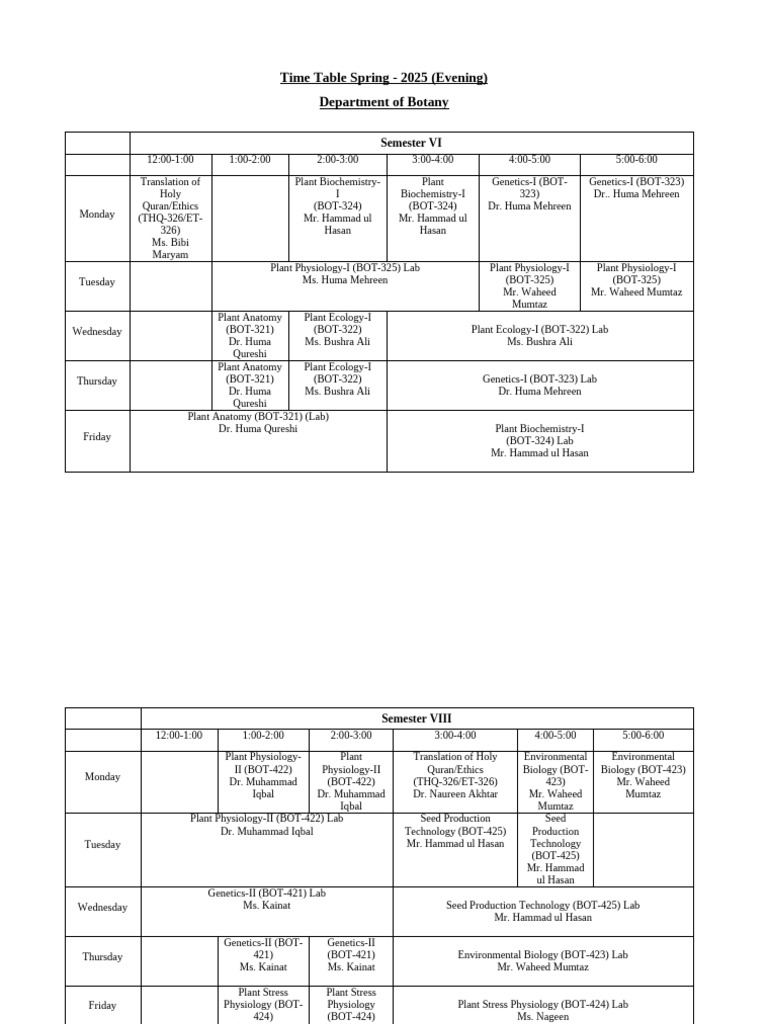 Time Table Spring (Evening) 18.6.2025 | PDF | Botany | Biology