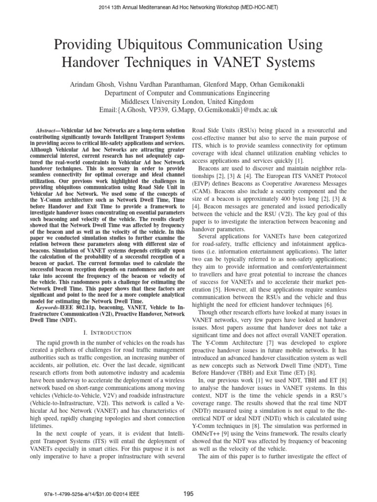 Handover Techniques for Ubiquitous VANET Communication | PDF ...
