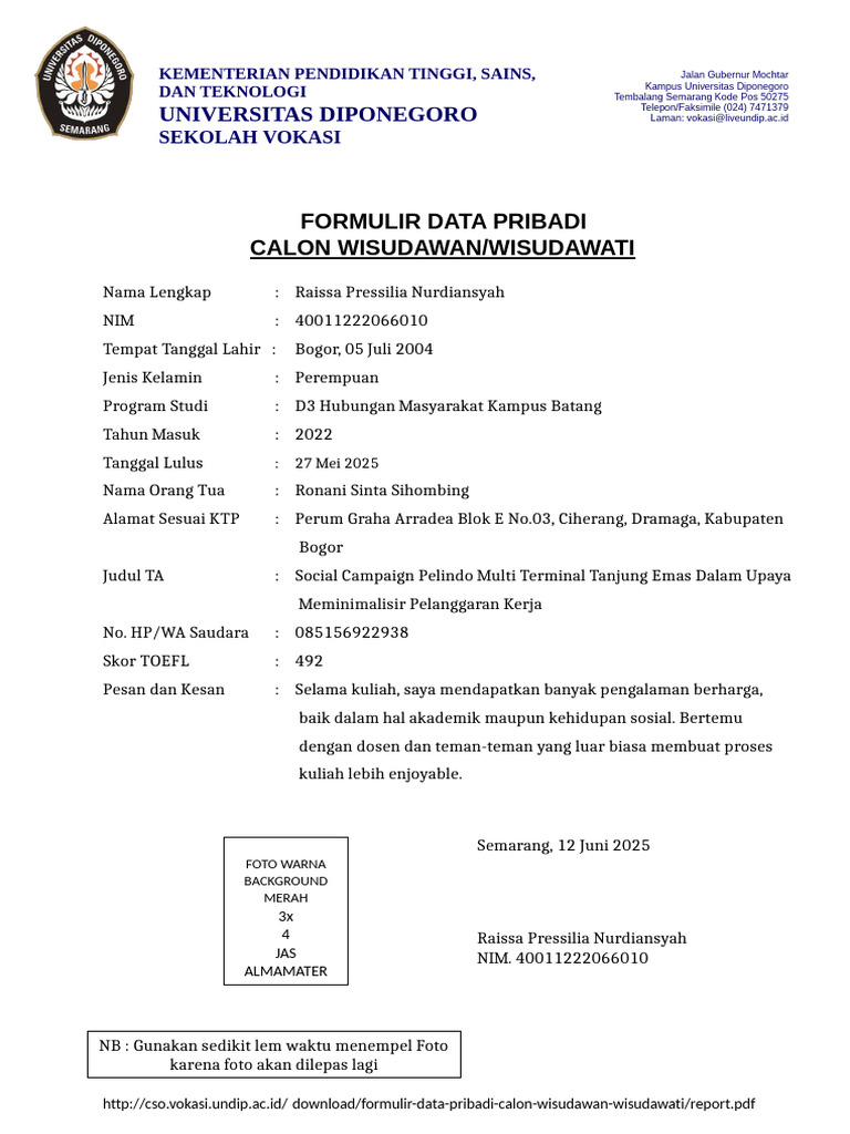 Formulir Data Pribadi Wisudawan SV 40011222066010 | PDF