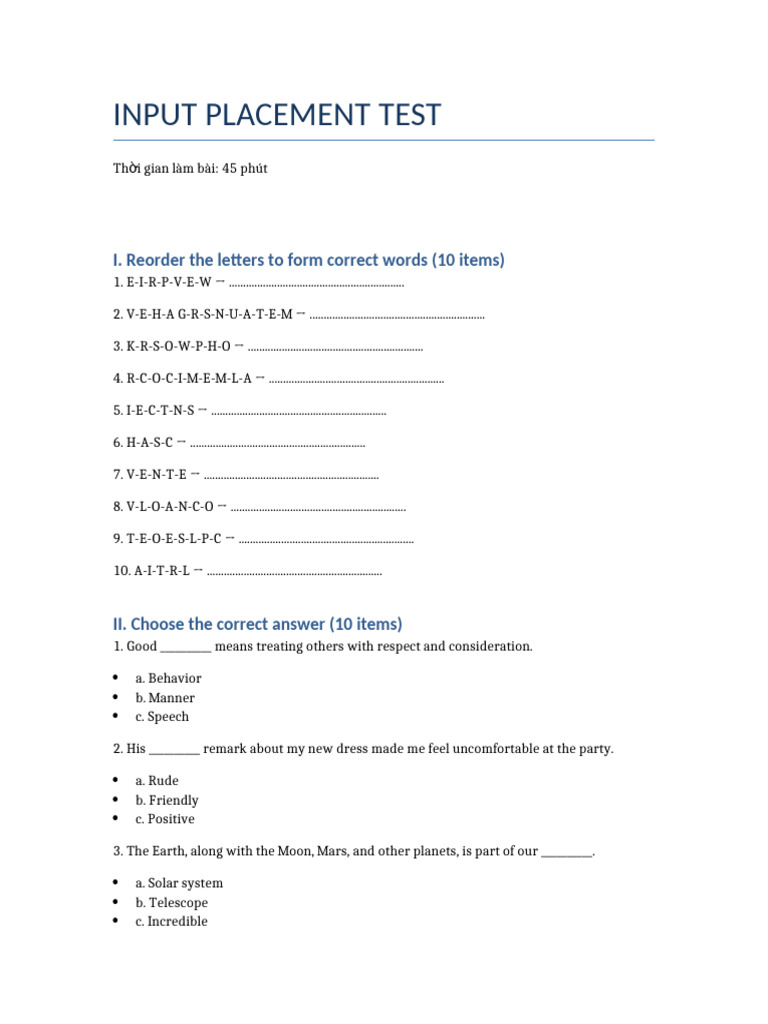 Input Placement Test 60 Questions | PDF