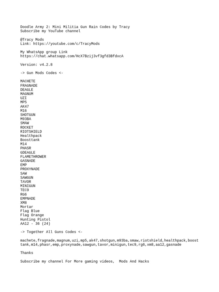 Mini Militia 4.2.8 Gun Rain Codes by Tracy | PDF