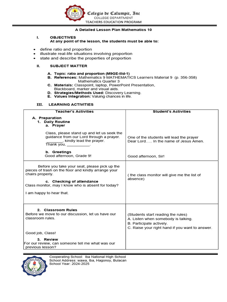 DLP in Ratio and Proportion | PDF | Ratio | Lesson Plan