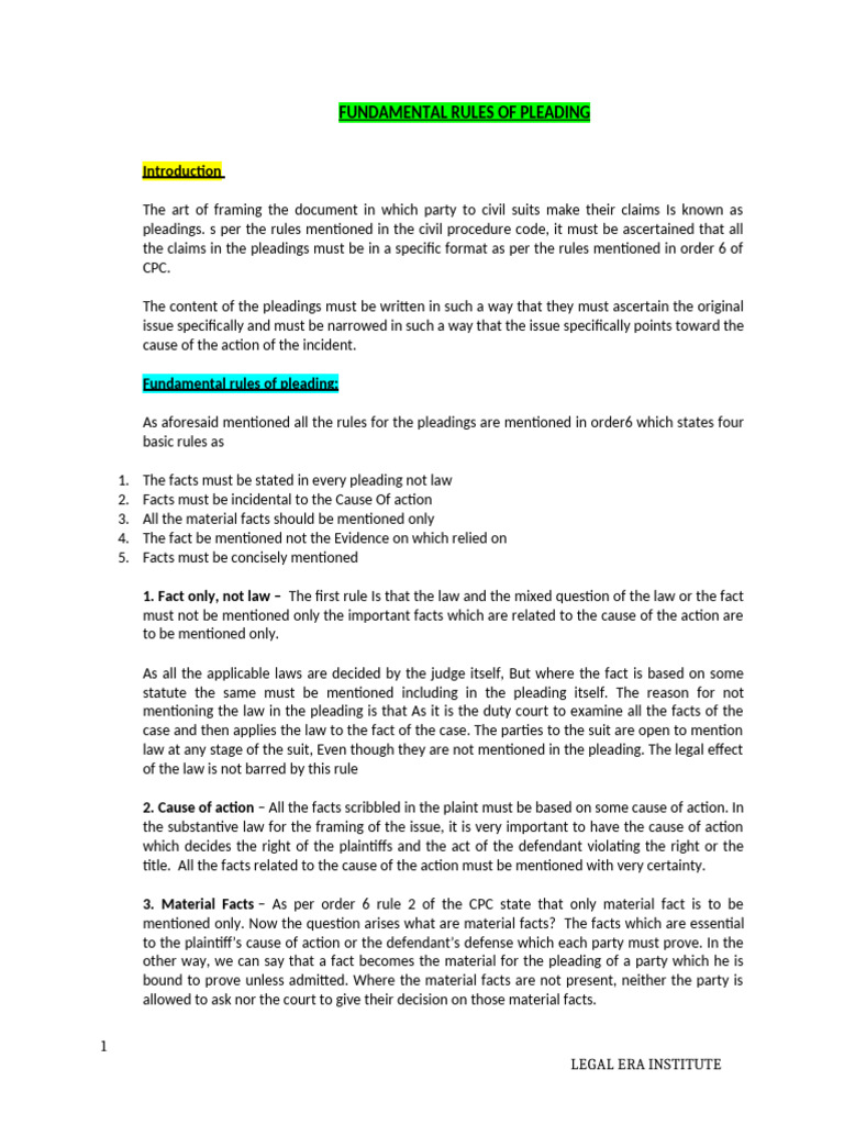 Fundamental Rules of Pleadings | PDF | Pleading | Cause Of Action
