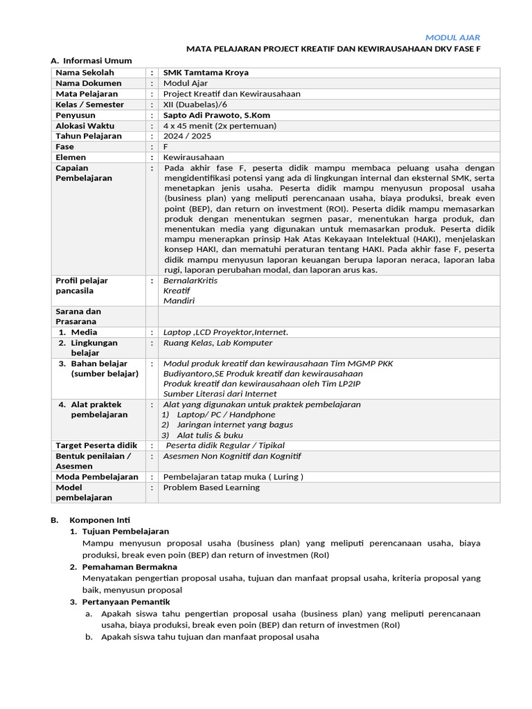 Modul Ajar Proposal Usaha | PDF