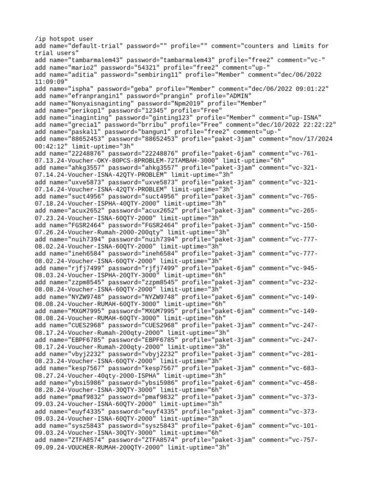 Export User Hotspot Mikhmon 2024-11-16 | PDF