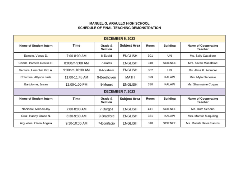 Final Teaching Demonstration Schedule | PDF