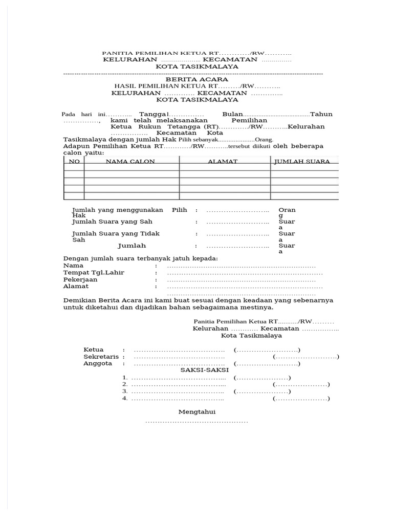 Contoh Format Berita Acara Pemilihan Ketua RT Dan Rwdocx | PDF
