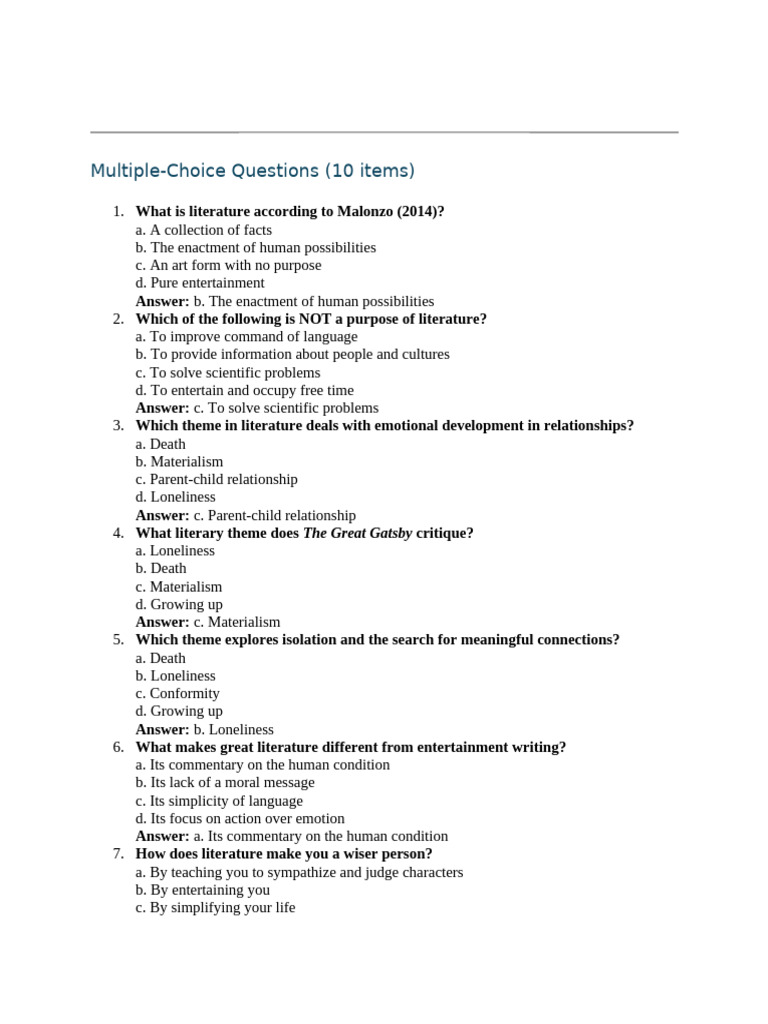 Literature As Significant Human Experience Quiz | PDF | Loneliness ...