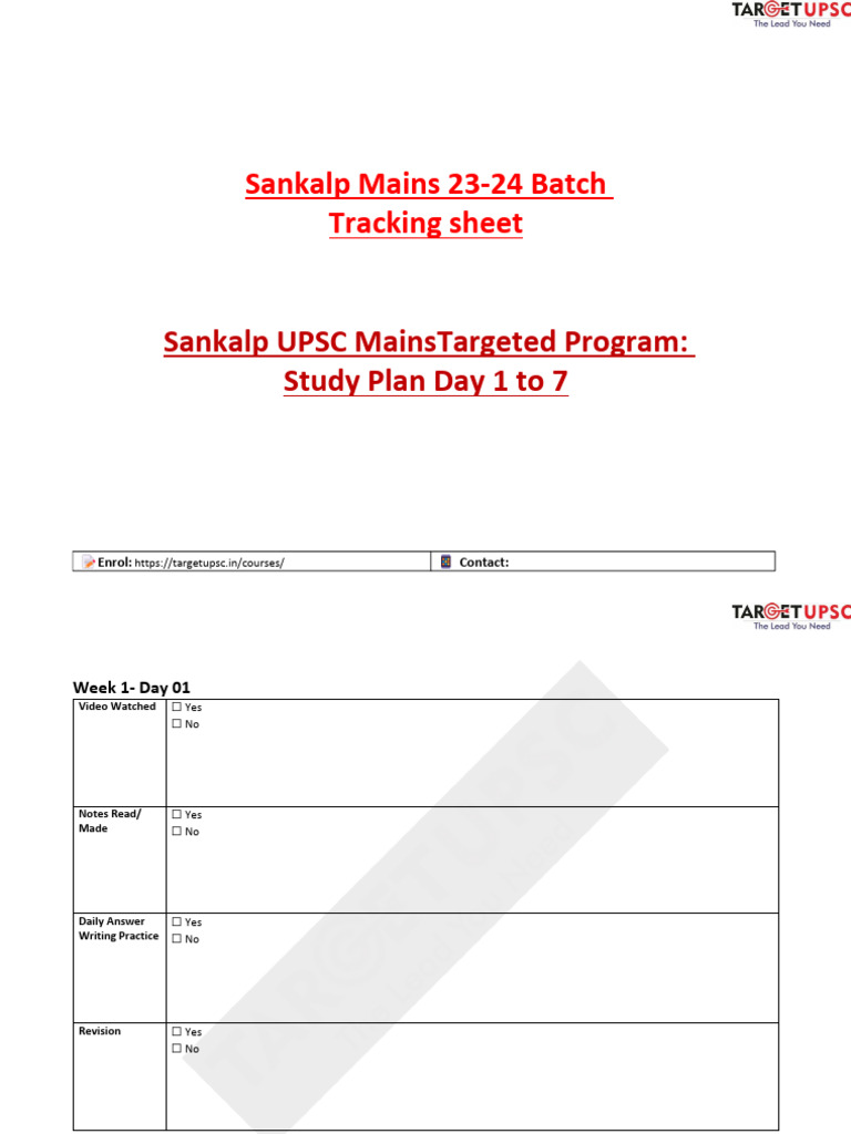 Sankalp Mains 23-24 Tracking Sheet | PDF
