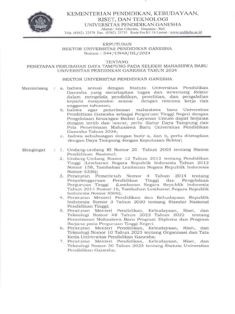 SK Daya Tampung Mahasiswa Baru 2024 | PDF