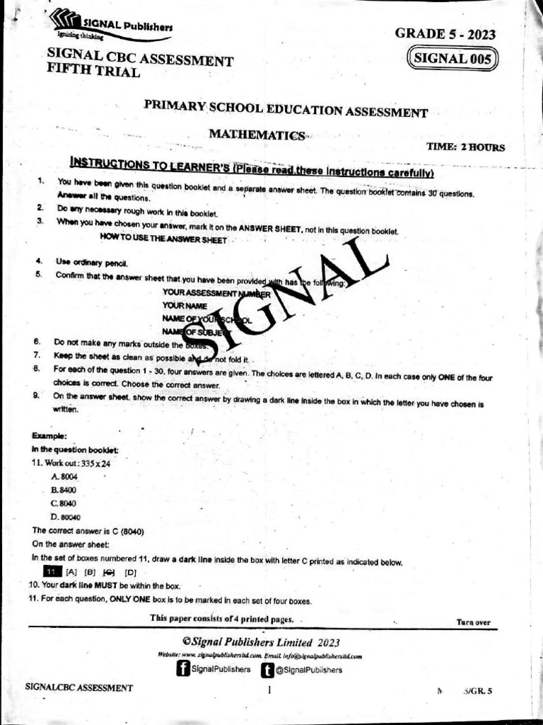 Grade 5 Signal Exams Code 005 All Subjects With Marking Scheme PDF | PDF