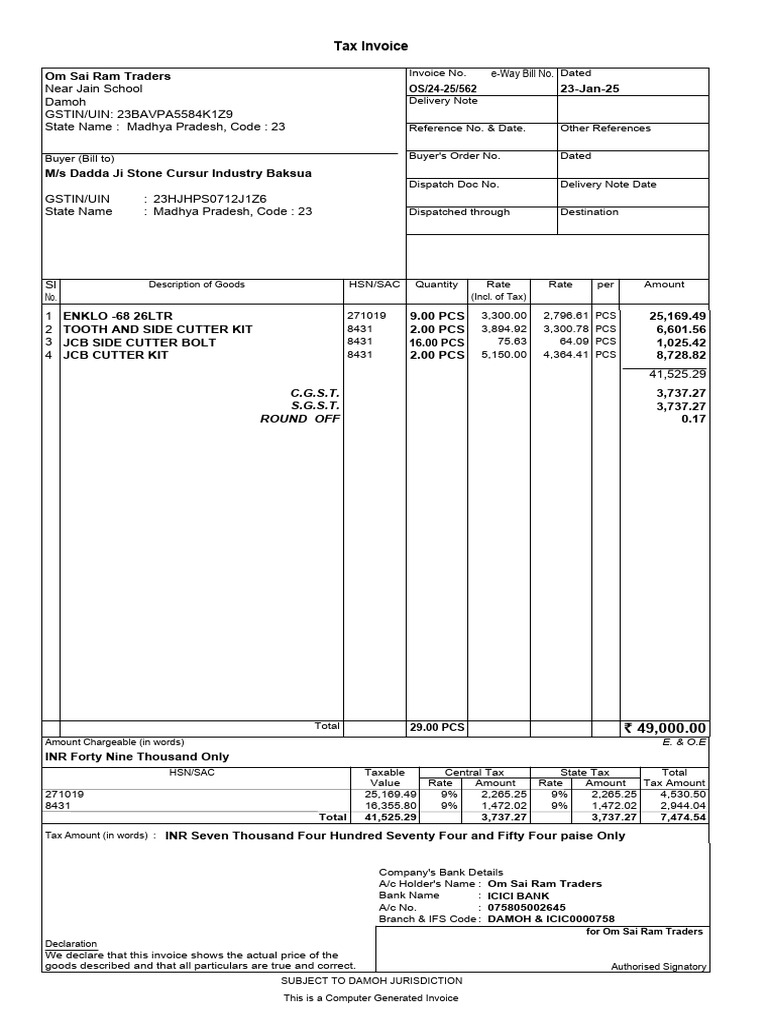 Tax Invoice: Near Jain School Damoh GSTIN/UIN: 23BAVPA5584K1Z9 State ...