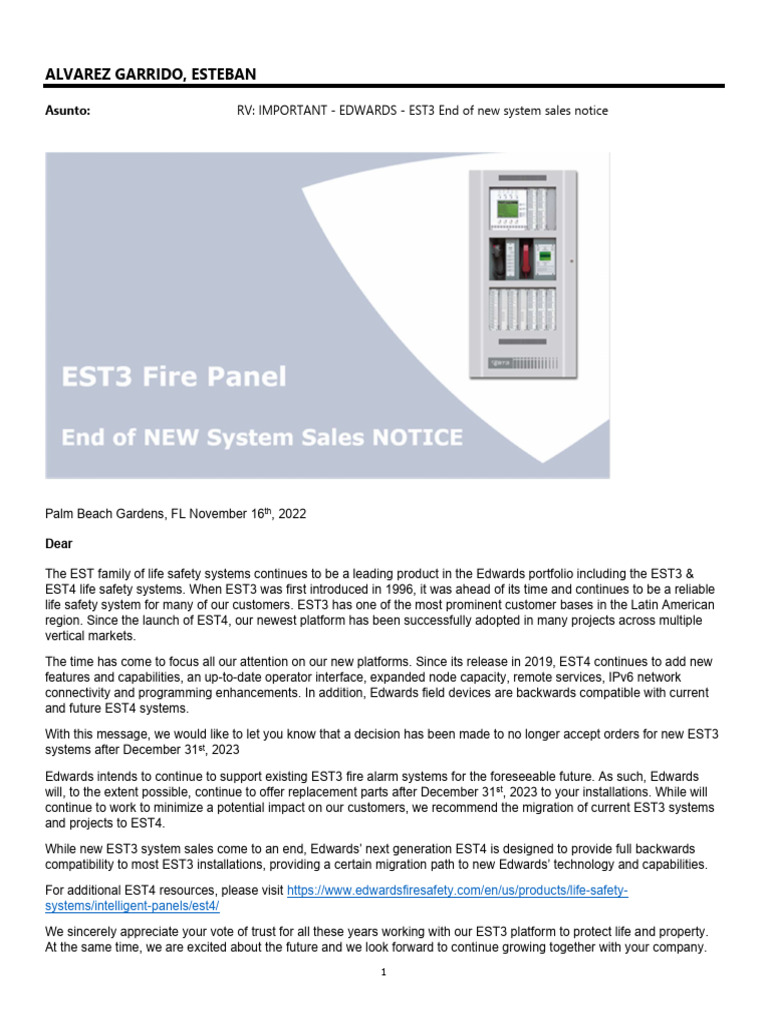 End of EST3 Sales Notice by Edwards | PDF