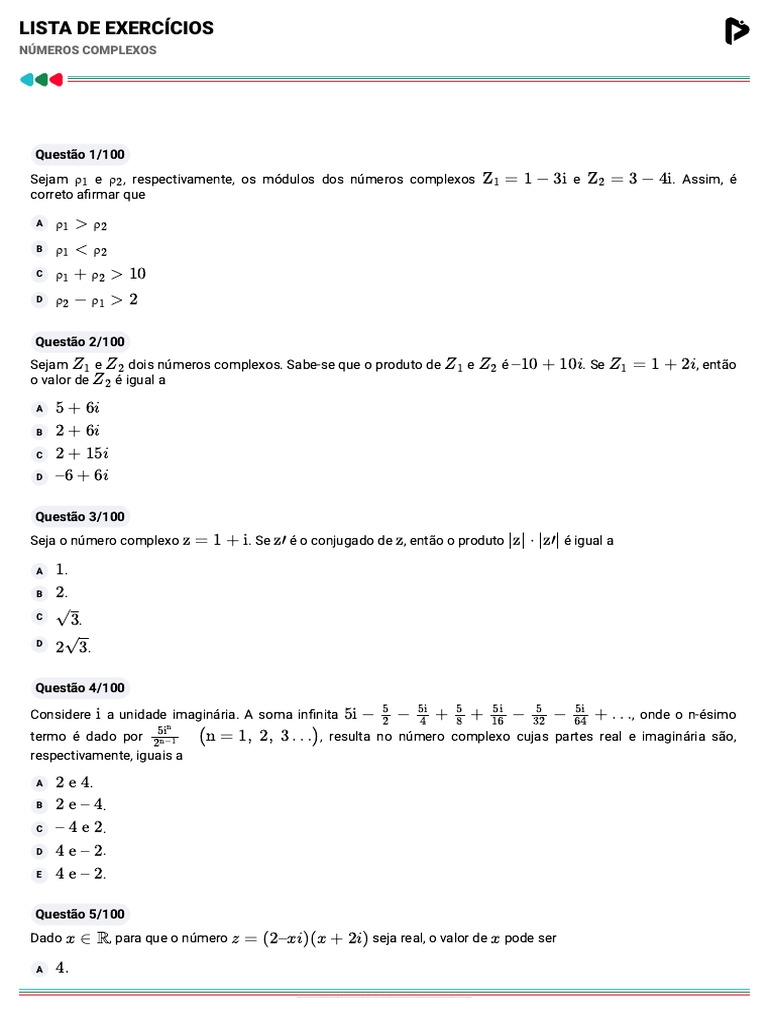 Minha-lista-de-exercicio-Números Complexos | PDF | Círculo | Número complexo
