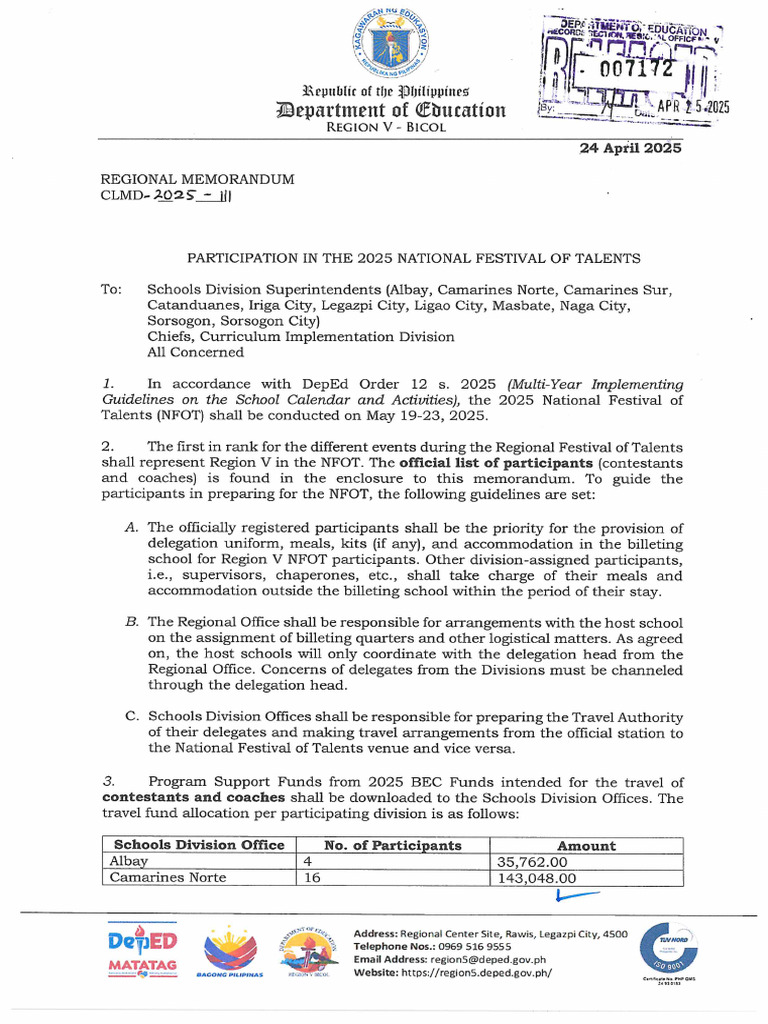 007172 Regional Memo CLMD 2025 111 Participation in the 2025 National ...