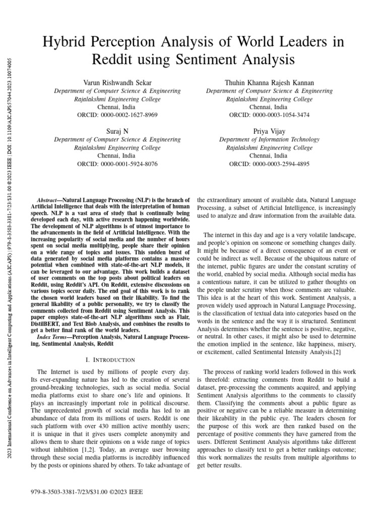 Hybrid Perception Analysis of World Leaders in Reddit Using Sentiment Analysis | PDF | Computing