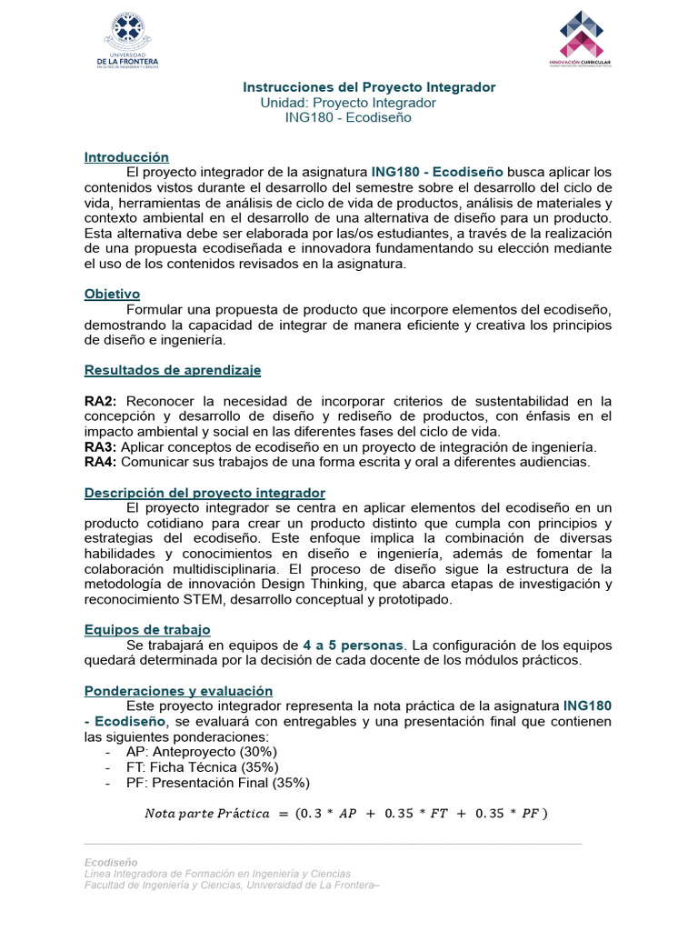 Instrucciones Proyecto Integrador Ecodiseño | PDF | Diseño | Evaluación del ciclo de vida