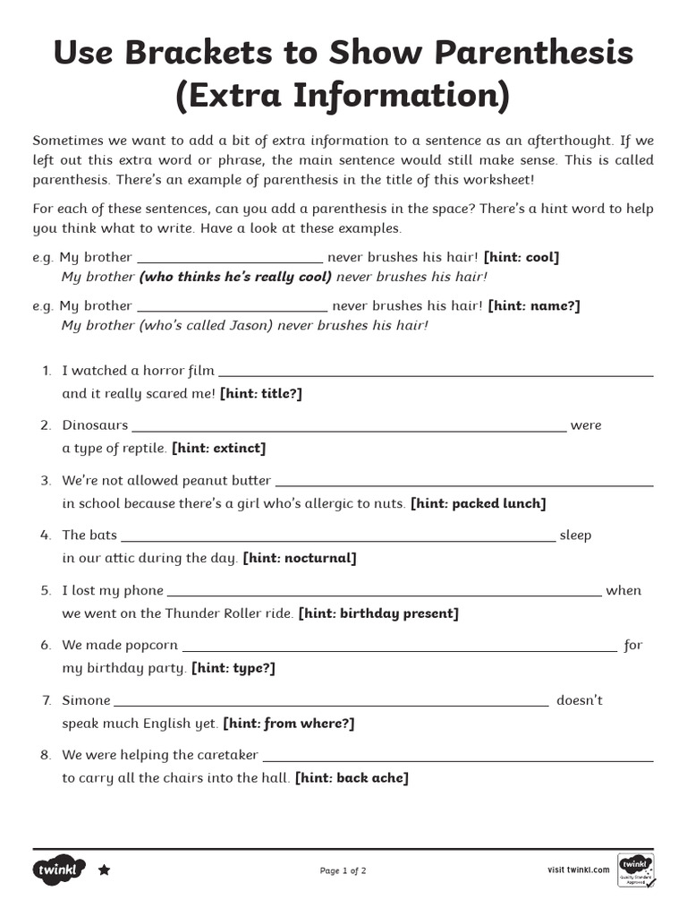 Use Brackets Dashes and Commas To Show Parenthesis Activity Sheet | PDF ...