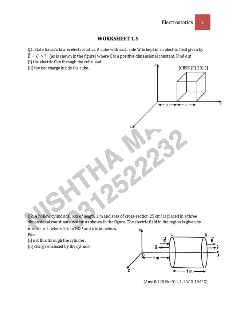 ELECTROSTATICS Worksheet 1.5 | PDF | Electric Field | Force