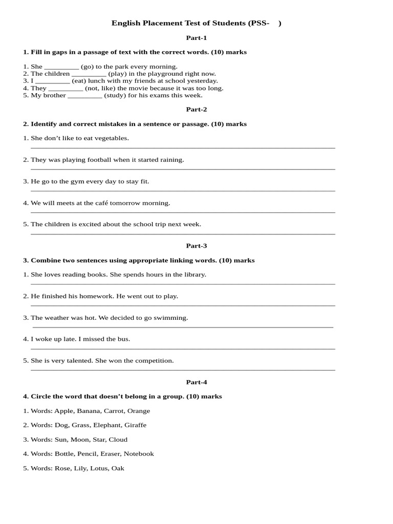A1 Level English Placement Test | PDF