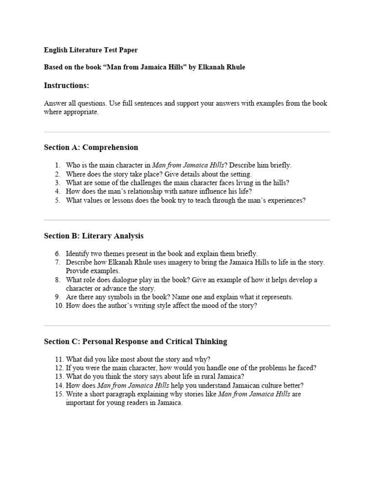 English Literature Test Paper | PDF