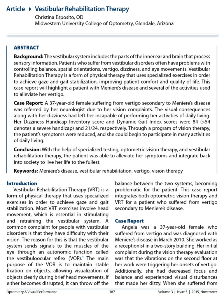 Vestibular Rehabilitation Therapy | PDF | Vertigo | Ménière's Disease