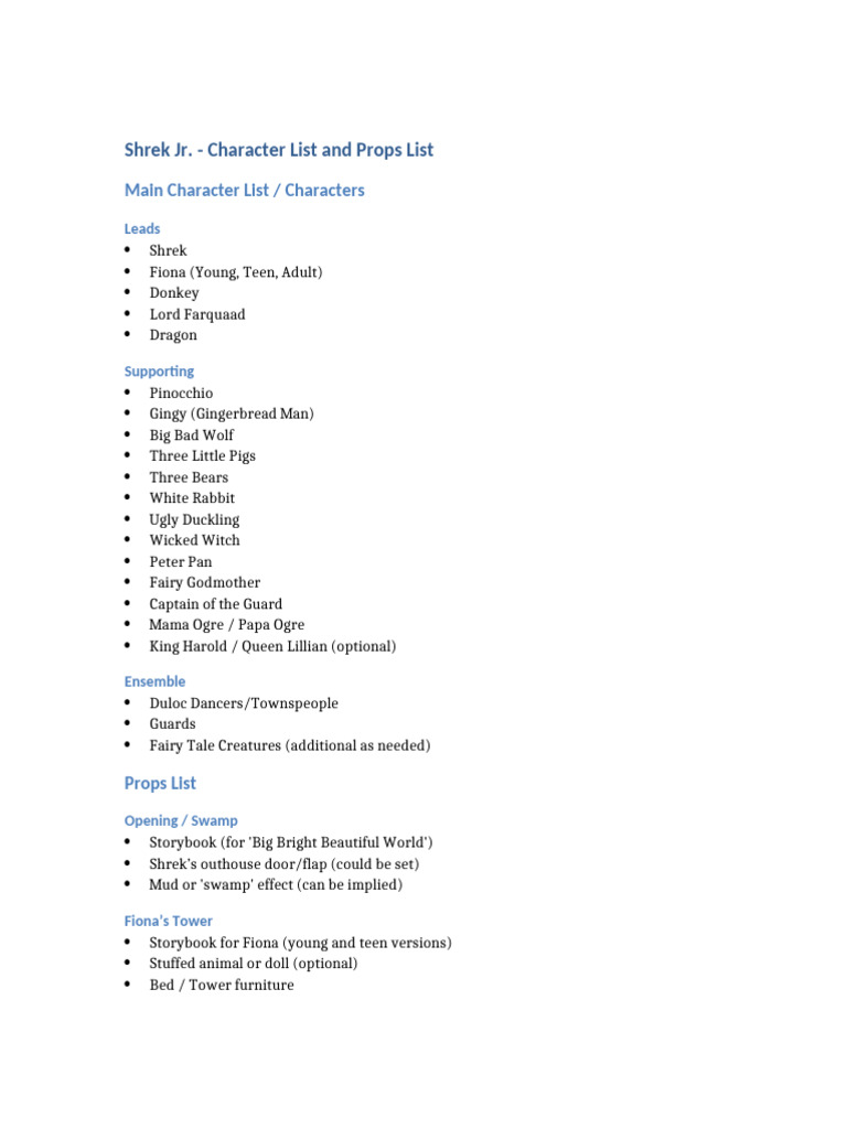 Shrek JR Character and Props List | PDF