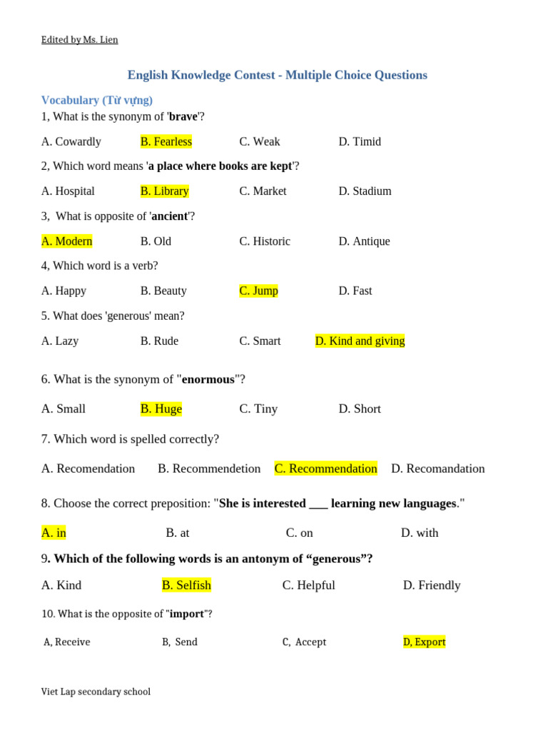 Vocabulary and Knowledge Contest Questions | PDF