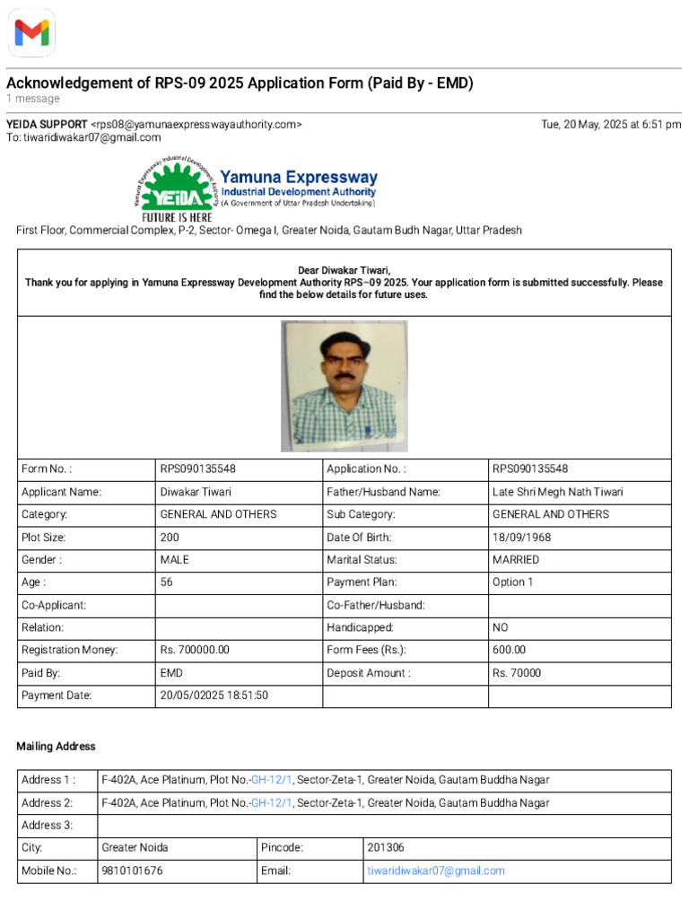 Gmail - Acknowledgement of RPS-09 2025 Application Form (Paid by - EMD ...