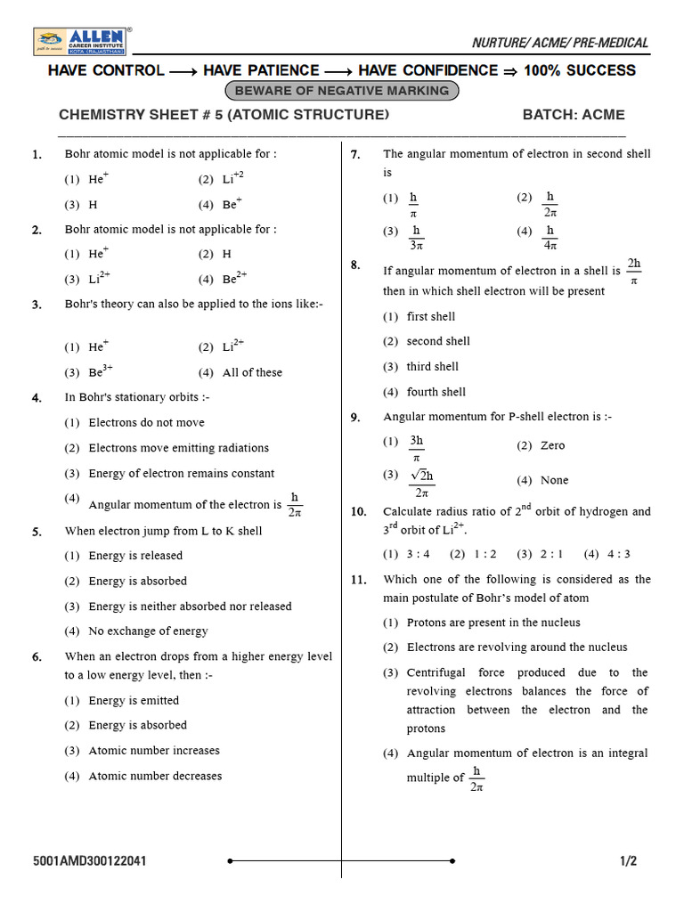 DPP # 5 (Atomic Structure) | PDF | Electron | Atoms