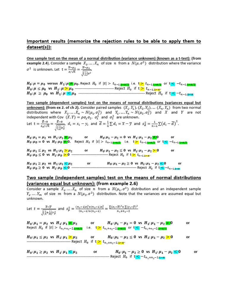 Rejection Rule Important Results To Memorize | PDF | Student's T Test ...