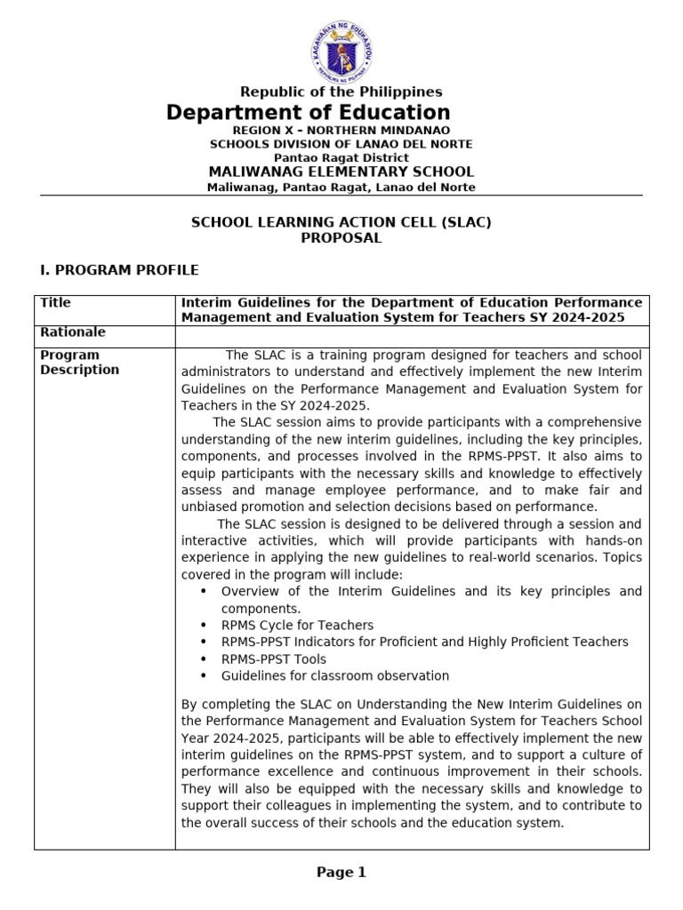 SLAC Training Proposal On RPMS | PDF | Learning | Cognition