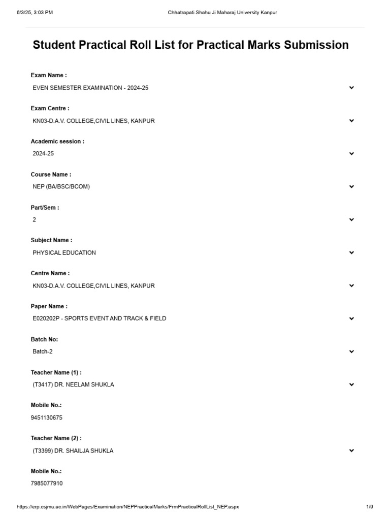 CSJMU 2024-25 Practical Exam Roll List | PDF