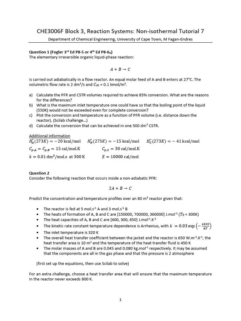 Non Isothermal Single RXN Final Exam | PDF | Chemical Reactor | Chemistry