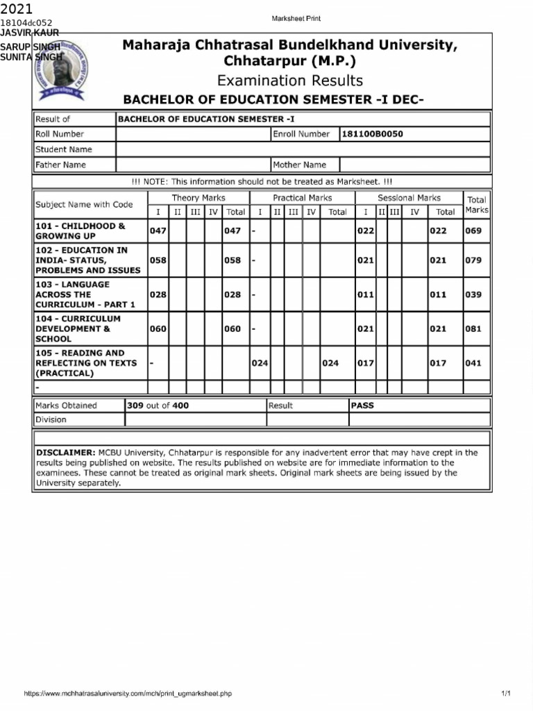 B Ed 1st Sem Marksheet | PDF