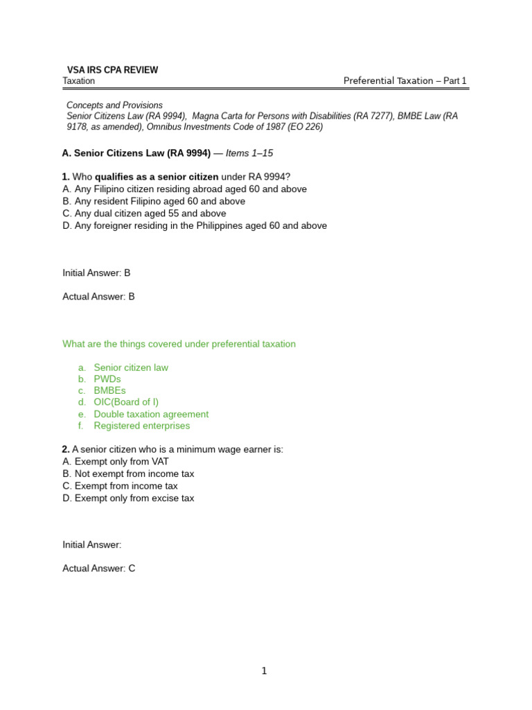 USA 2025 Qualifying Exam Taxation Preferential Taxes 16 June 2025 | PDF ...