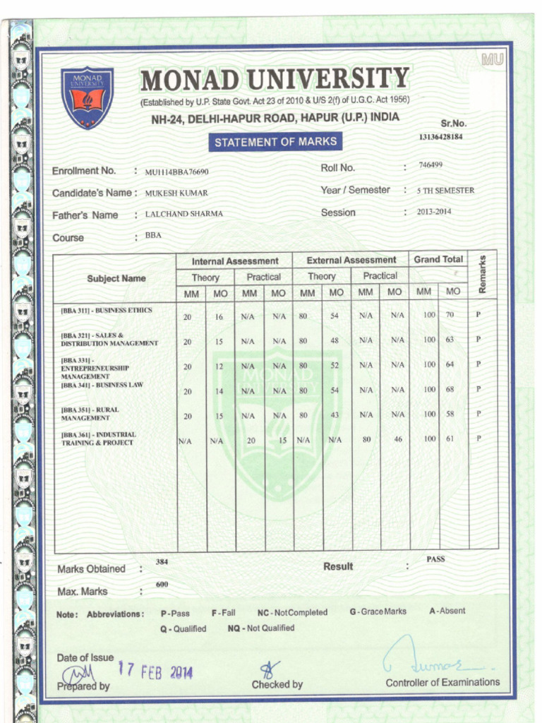 Sem 5 MarkSheet | PDF