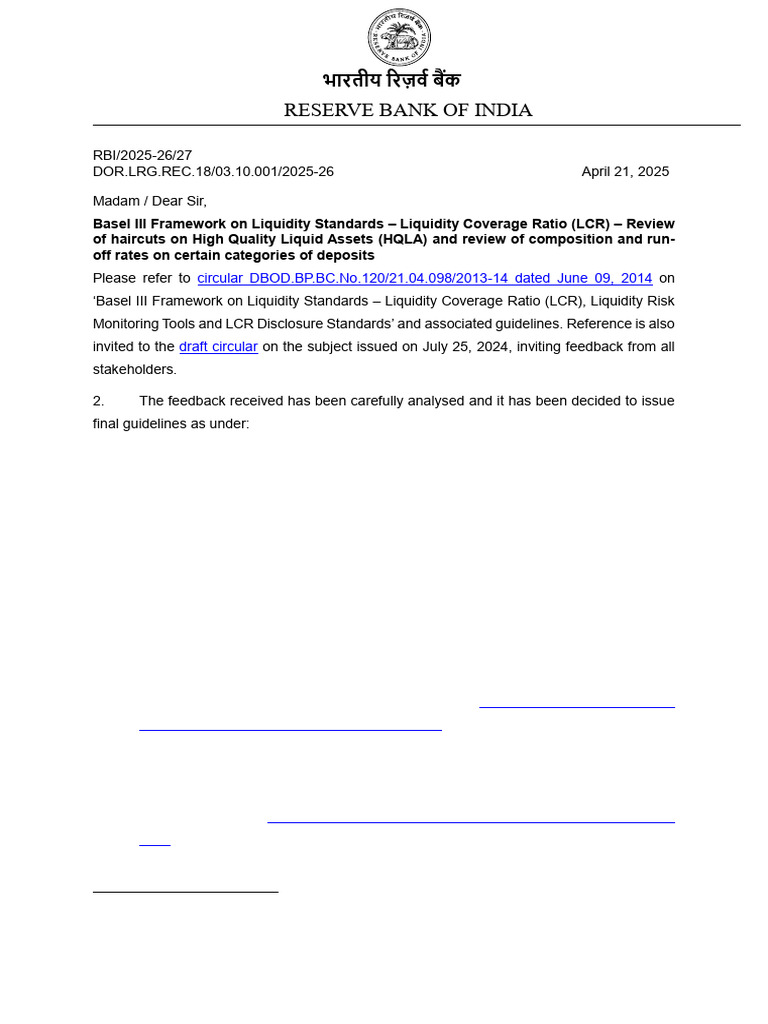 Dor Circular On Liquidity Coverage Ratio | PDF | Basel Iii | Banks