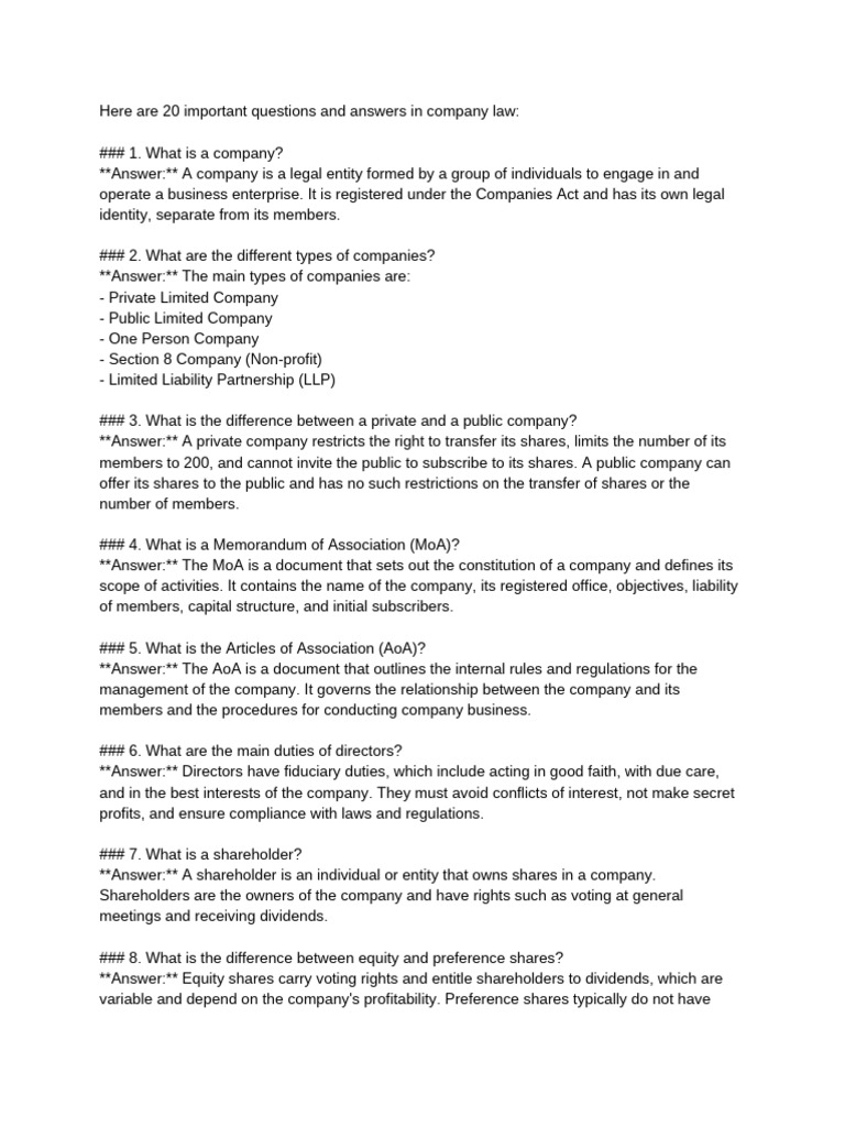 Key Company Law Questions & Answers | PDF | Articles Of Association ...