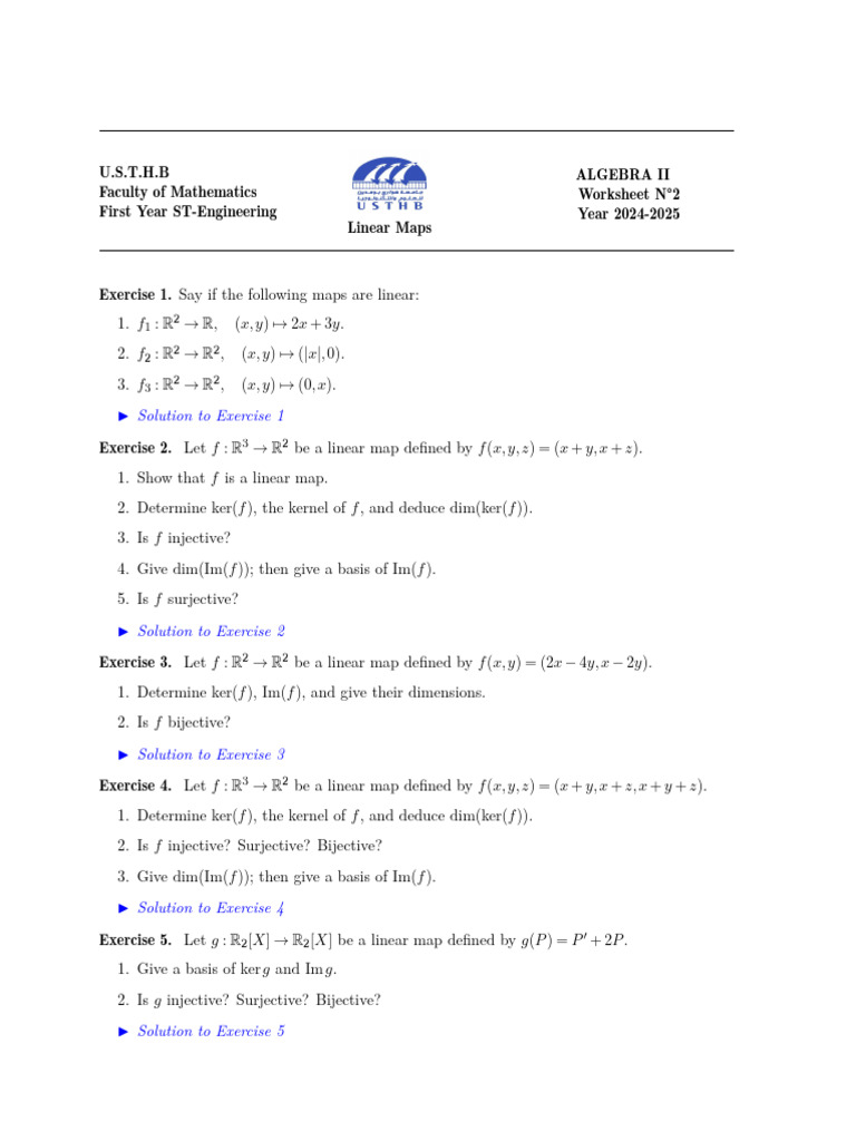 Linear Maps Worksheet Solution | PDF | Linear Map | Vector Space