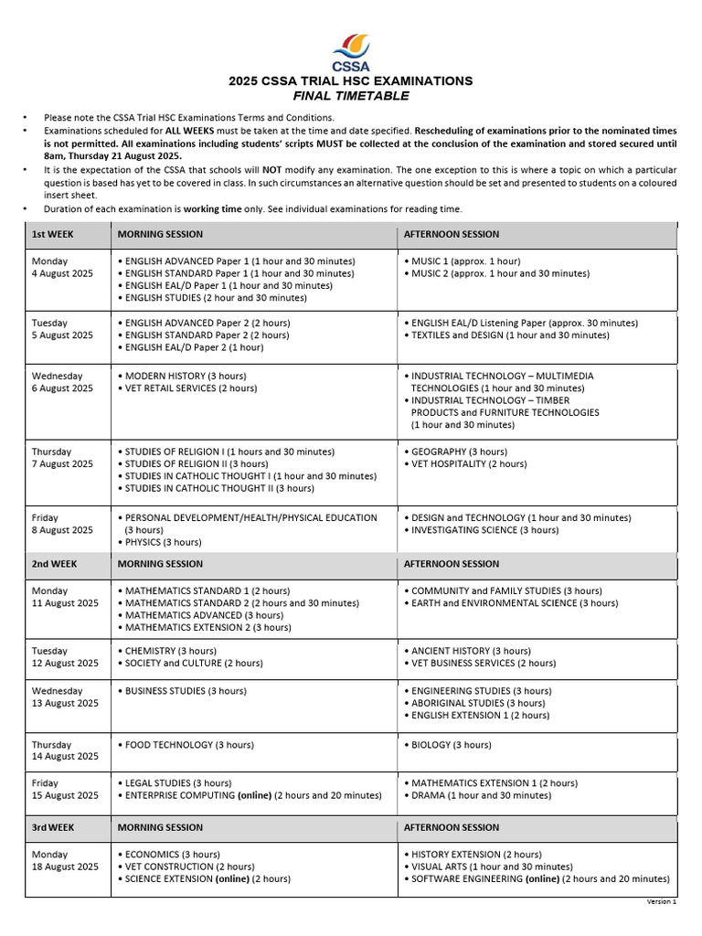 2025 CSSA Trial HSC Timetable | PDF | Science