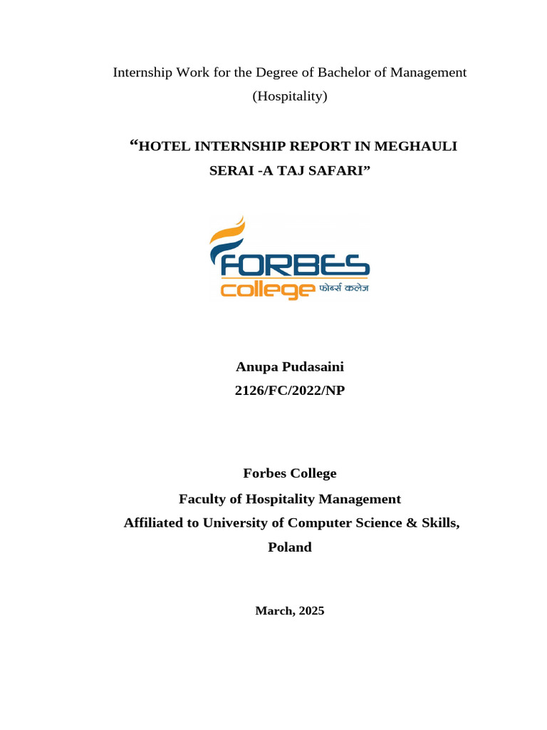 Hotel Internship Report: Meghauli Serai | PDF | Restaurants | Hotel