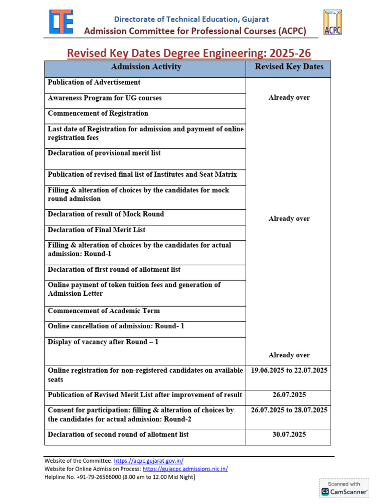 ACPC 2025 Revised Key Admission Dates | PDF | Educational Stages ...