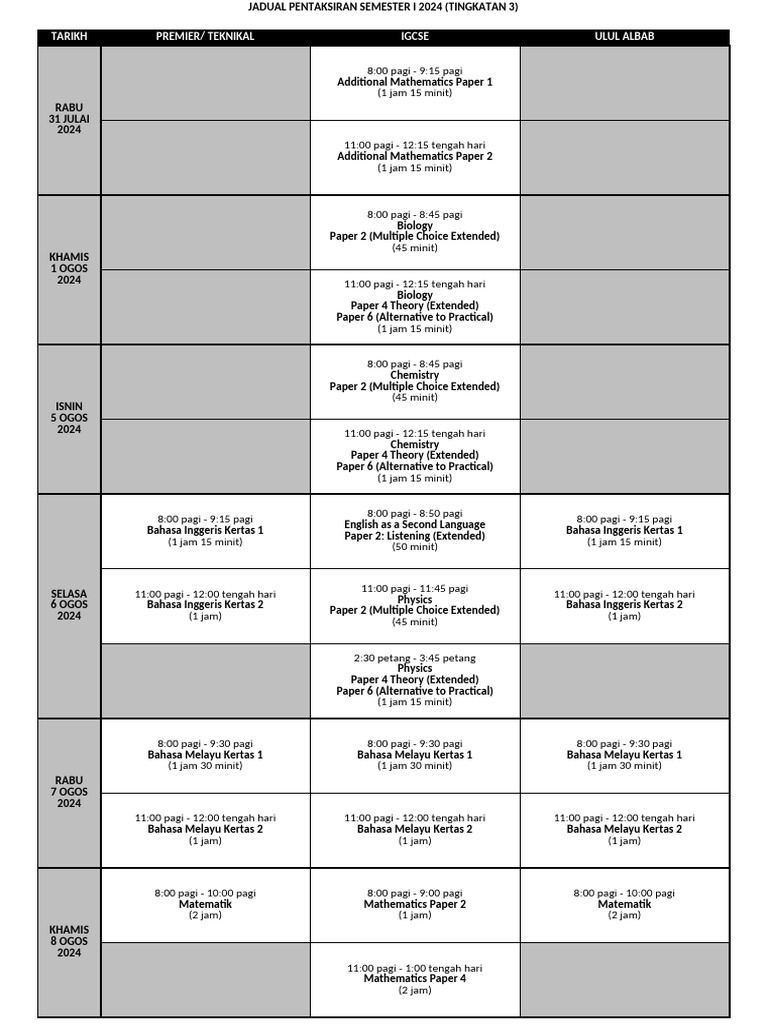 Jadual Pentaksiran Ting 3 Sem I 2024 (Igcse) | PDF