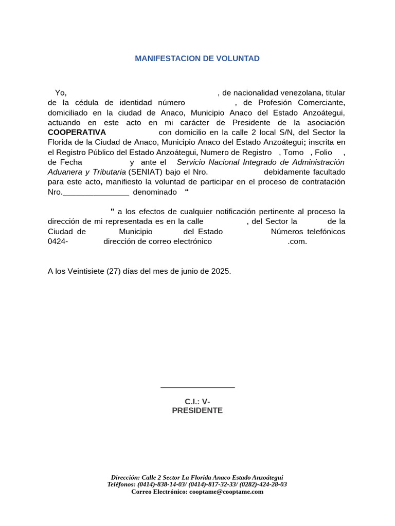 Manifestacion de Voluntad Modelo | PDF