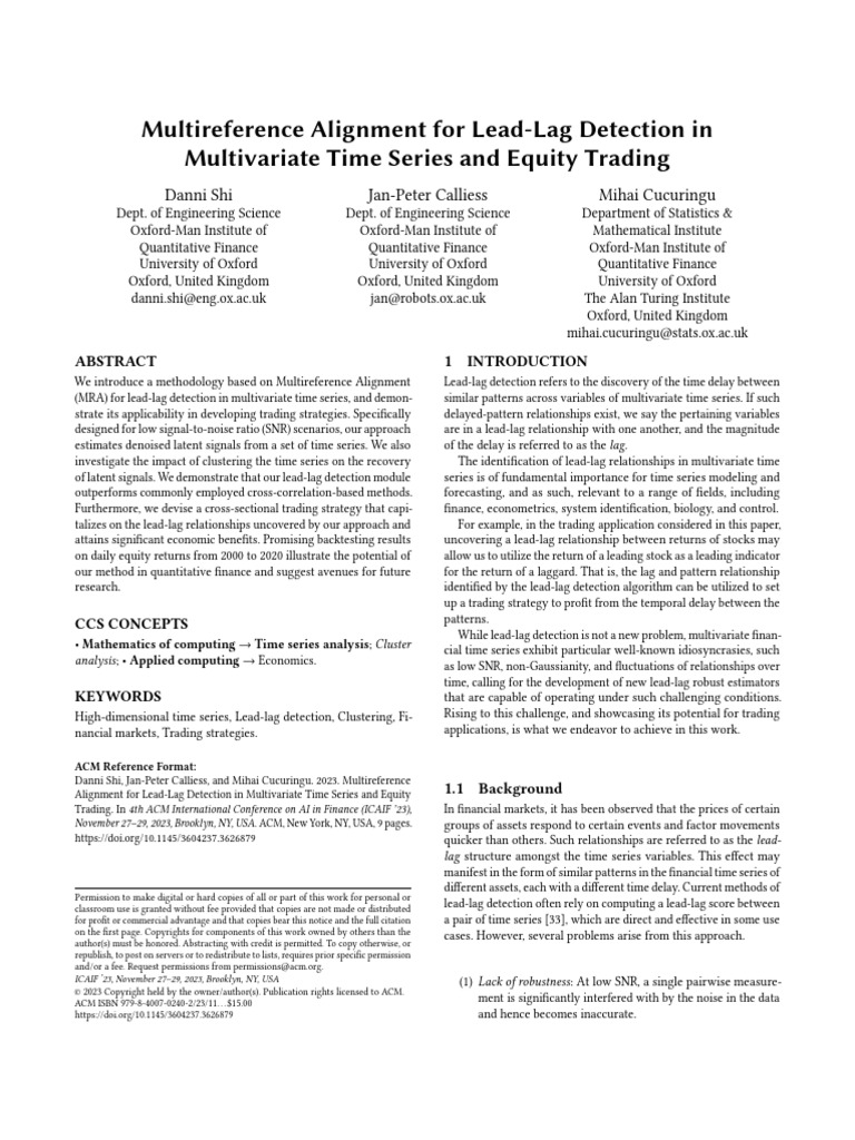 Multireference Alignment For Lead-Lag Detection in Multivariate Time Series and Equity Trading ...