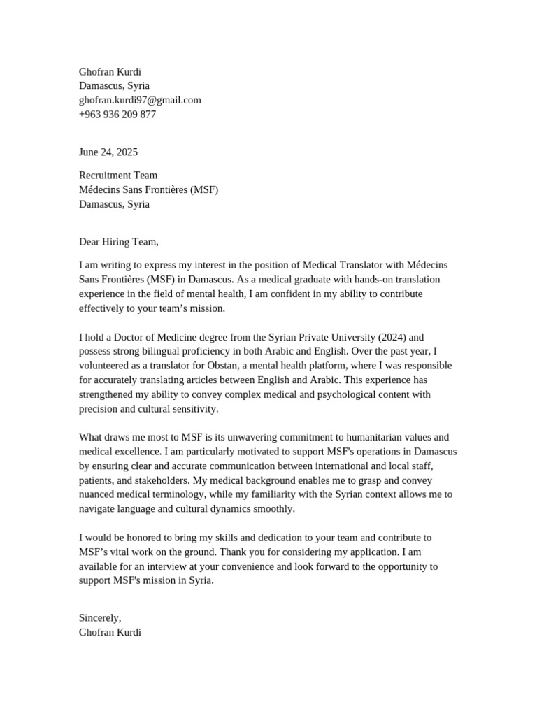 Ghofran Kurdi Cover Letter MSF | PDF