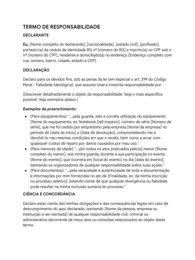 Termo de Responsabilidade Pessoal | PDF