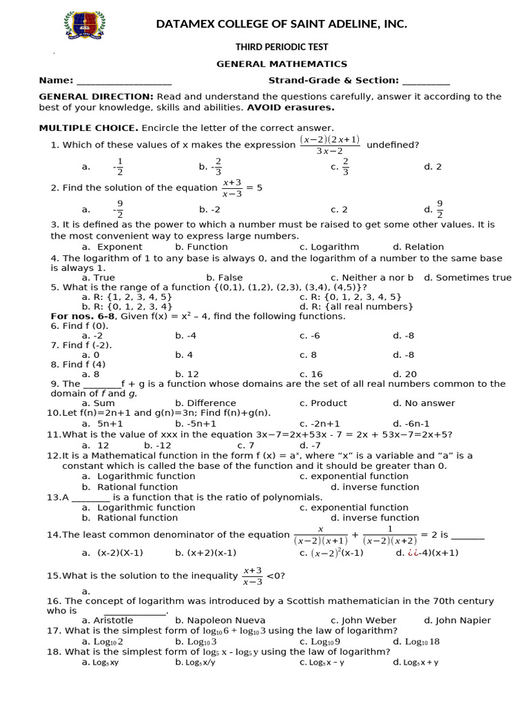 General Mathematics Test Questions | PDF | Function (Mathematics ...